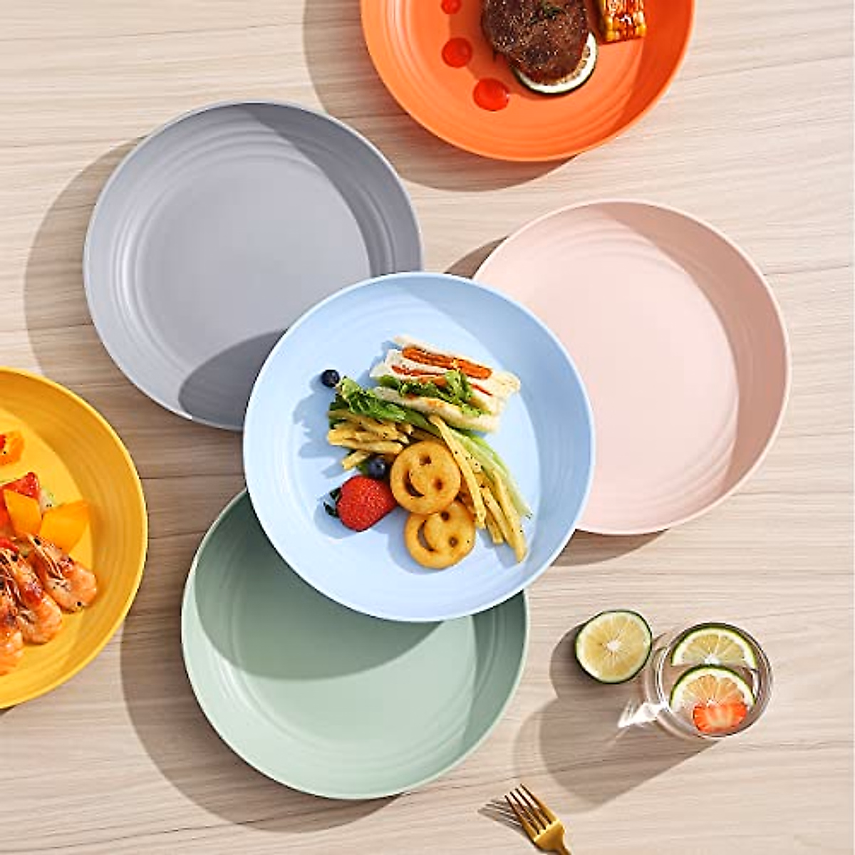 Berglander 9 Inch Plastic Deep Dinner Plates Set of 8 Colors, Reusable and Sturdy Unbreakable Dishes Set for Pasta Bowls,Ramen,Drop Resistant, BPA Free Dinnerware Microwave Safe Dishwasher Safe