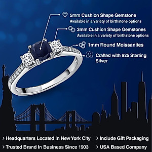 Gem Stone King 925 Sterling Silver Gemstone Birthstone and White Moissanite Ring | 5MM and 3MM Cushion | 3-Stone Wedding Engagement Anniversary Promise Ring For Women