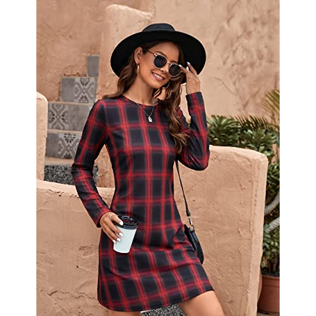 Blooming Jelly Women's Plaid Swing Dress Long Sleeve Round Neck Tunic Mini Dress(Large,Black and Red Plaid)