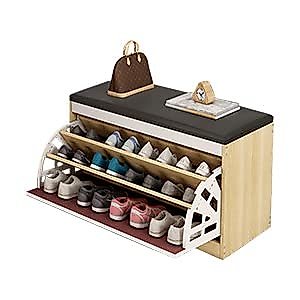 Baoz Oak Plank Shoe Storage Bench with Flip-Drawer Shoe Storage Cabinet, Padded Seat and Tipping Bucket Switch Shoe Cabinet Storage Bench,31.4'' L × 11.8'' W × 20'' H