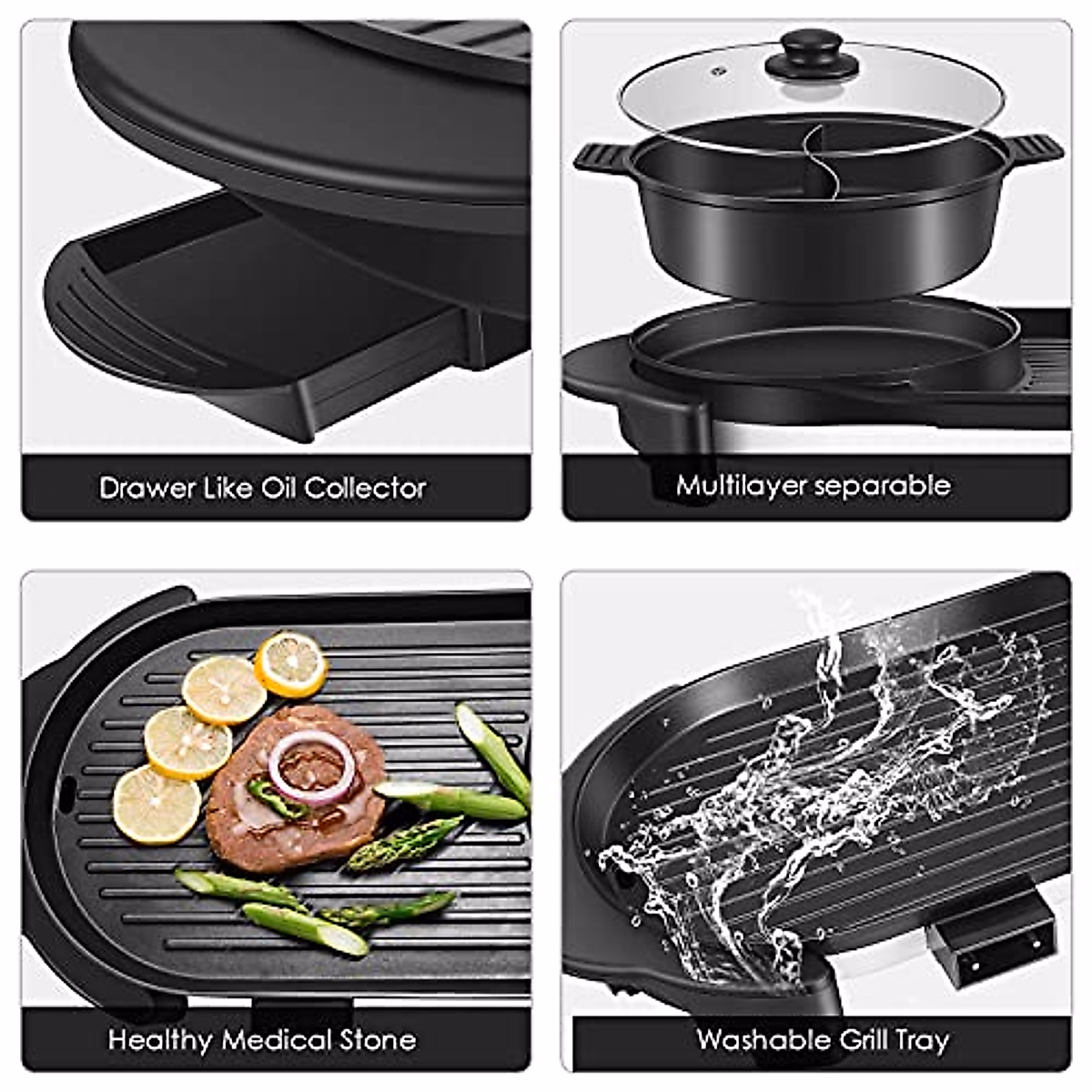 BOEASTER Electric Hot Pot with Grill Indoor Shabu-shabu Hotpot Korean BBQ Grill, Removable Hotpot Pot W/ Large Capacity Baking Tray, Smokeless Non-Stick Skillet Pan, Adjustable Temperature, 1-6 People 110V