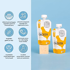Serenity Kids 6+ Months Baby Food Pouches Puree Made With Ethically Sourced Meats & Organic Veggies | 3.5 Ounce BPA-Free Pouch | Free Range Chicken, Pea, Carrot | 1 Count