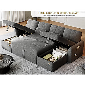 YITAHOME 105" Oversized Sleeper Sofa, 2 in 1 Convertible Sofa Bed with Pull Out Couch Bed and Dual Storage Chaise, U-Shape Sectional Sofa for Living Room, Teddy Fleece, Grey