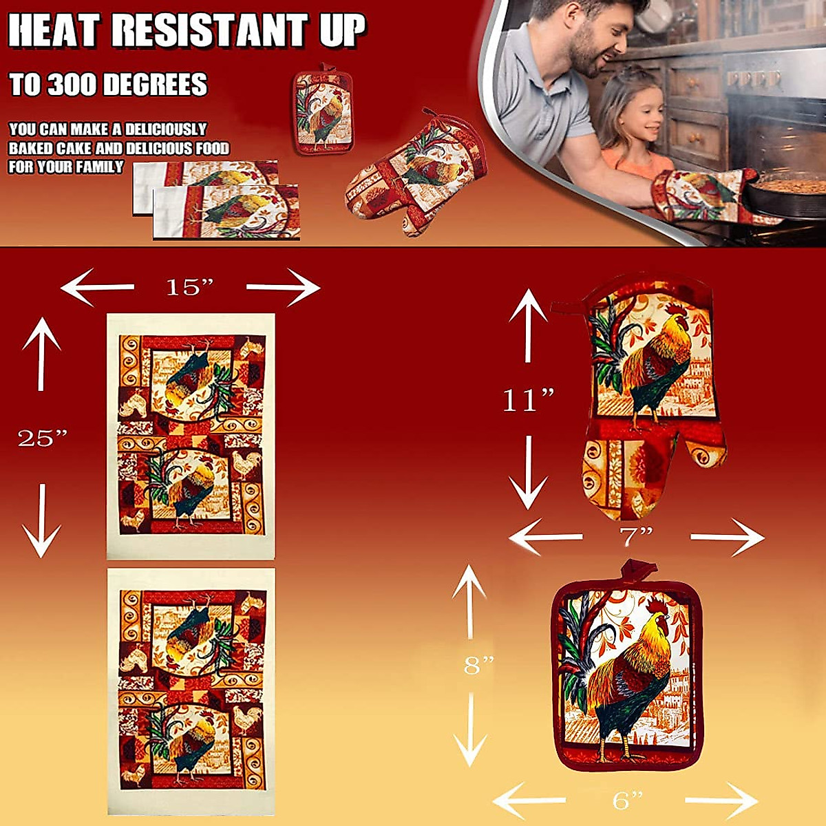 Lobyn Value Packs 4 Pack Kitchen Linens Lightweight Decorative Kitchen Towel Oven Mitt & Potholder (Rooster)