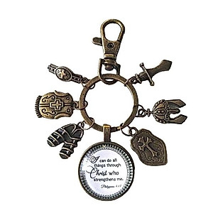 Unisex Christian Keychain, purse charm, zipper pull with I can do all things through Christ and Armor of God Tibetan Bronze Charms