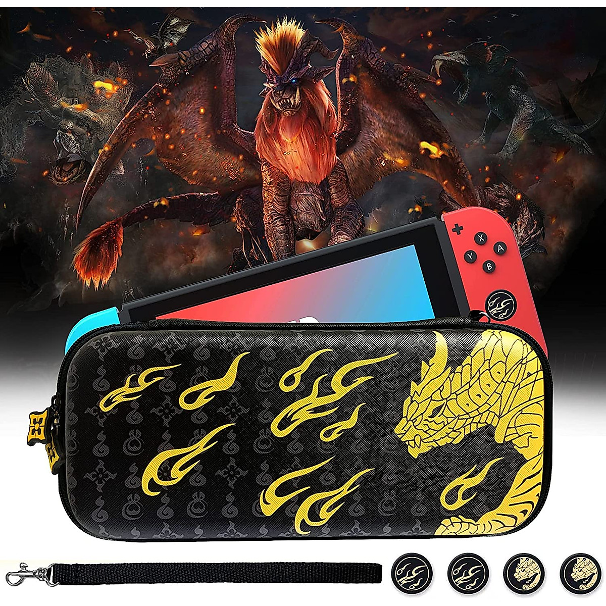 Frusde for Switch Carry Case Monster Hunter Rise, Portable Carrying Case for Switch with 4 MHR Silicone Thumb Grip Caps, Travel Case Cover with 10 Playing Card Slots for Switch Console & Accessories