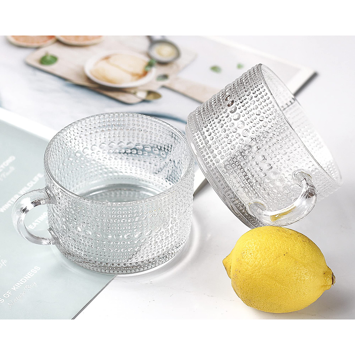 LUXU Vintage Coffee Mugs 14 oz Set of 4 Glass Tea Cups Stackable Glass Coffee Cups,Cute Coffee Bar Accessories,Iced Coffee Glasses,Clear Embossed Glass Cups for Cappuccino,Latte,Cereal,Yogurt,Milk