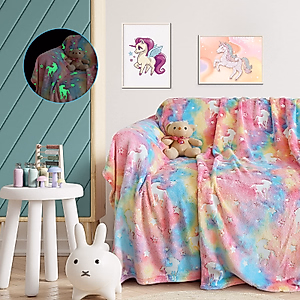 Ranedo Glow in The Dark Blanket 60" x 75", Unicorn Throw Blanket Kids Cozy Blanket Flannel Fleece Blanket, All Seasons Blanket Christmas Holiday Birthday Gifts for Teen Kids Girls Boys, Pink