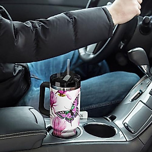 Yasala Car Tumbler with Handle Pinks Magnolia Butterfly Travel Mug Coffee Cup Insulated Beverage Container Mega Cup for Hot Cold Drinking Thermos Water Bottle Cupholder Friendly 40 oz