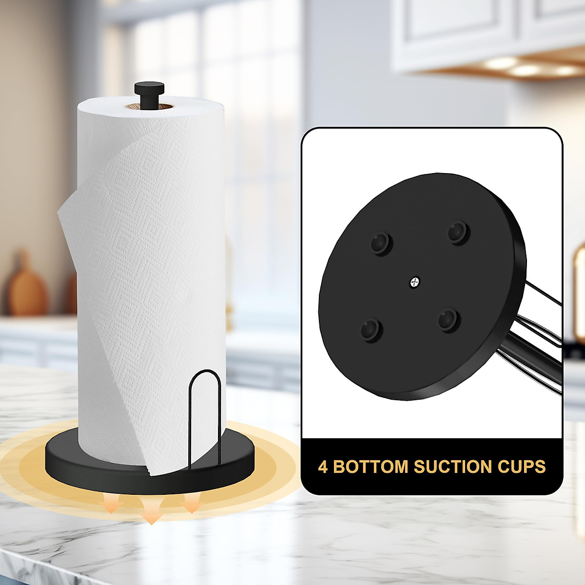 NAMSAFUI Paper Towel Holder, Standing Countertop Paper Holder for Kitchen, Ratchet System and Suction Cup Equipped, One-Handed Paper Towel Holder Stainless Steel, Holds All Roll Sizes