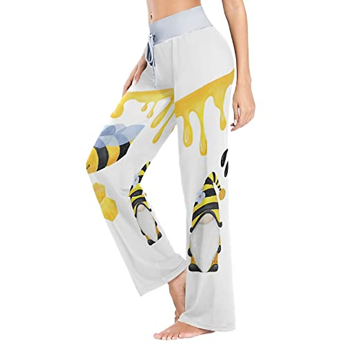 Yellow Flying Bee Dressed Up Gnome Honeycomb on White Pajama Lounge Pants Drawstring Stretch Pants Wide Leg(L)