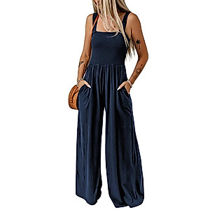 Dokotoo Womens Overalls Blue Jumpsuits for Women Casual Loose Fit Solid Color Wide Leg One Piece Sleeveless Jumpsuit Long Pant Rompers with Pockets Medium
