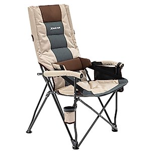 XGEAR Adjustable Oversized Camping Chair High Back Camp Chair Hard Arm Chair with Cup Holder, Support to 400lbs-Beige (Beige-O)