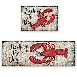 Kitchen Rugs, Red Lobster Seafood Fresh of The Day Vintage Wood Board Plank Non Slip Runner Rug Mat for Floor, Kitchen, Bedside, Sink, Office, Laundry, Set of 2
