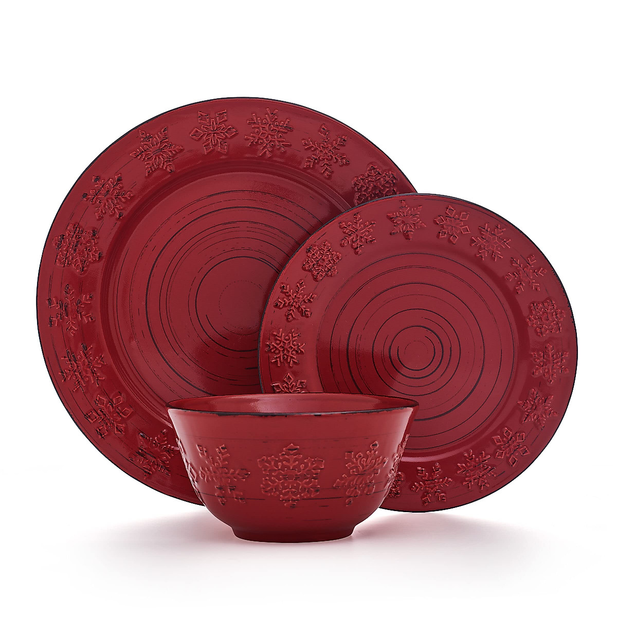 Pfaltzgraff Trellis Snowflakes 12 Piece Dinnerware Set, Service For 4, Red