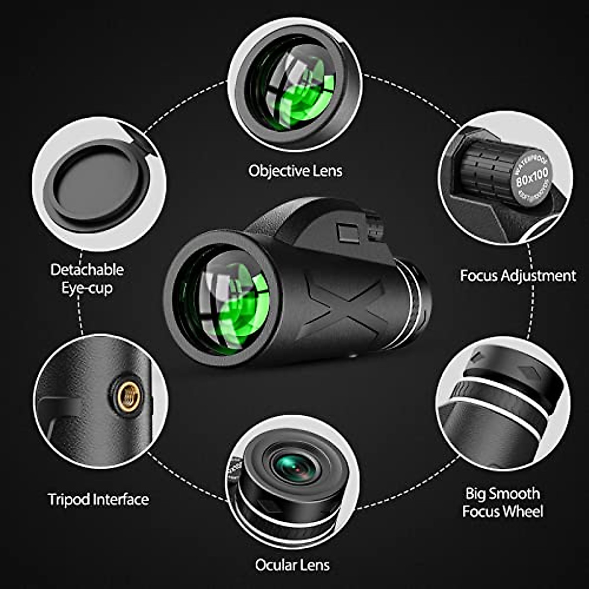 80X100 Monocular Telescope - with Smartphone Stand & Tripod, High Power Monocular HD Bifocal Scope Portable Waterproof & Anti-Fog, BAK4 Prism for Animal Bird Watching Hunting Camping Tourist Scenery