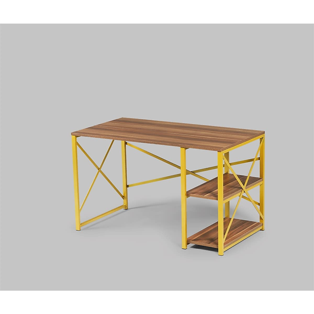 LLS Computer Desk, Work Table Writing Desk Gaming Table Workstation with 47" Wooden Top & 2 Shelves, Writing Sturdy Table Computer Desk with Gold Metal Frame for Home Office Furnish Store, Brown