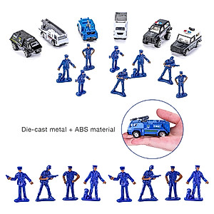 DUNRIOG TOYS 14 Pack Die-cast Police Rescue Truck Vehicles Sets,6 Pack Mini Police Vehicles Model,8 Policemen Mini Alloy Metal Pull Back Car ToysBoys Girls Toddlers Birthday Christmas Party Favors