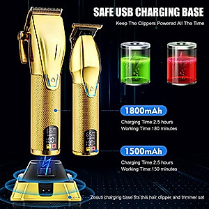 Zesuti Professional Hair Clippers & Trimmer Set for Man with Charging Base,Cordless 4 Adjustable Speeds Hair Clipper,Barber Supplies Clippers for Hair Cutting Mens T-Blade Trimmer Haircut Kit (Gold)