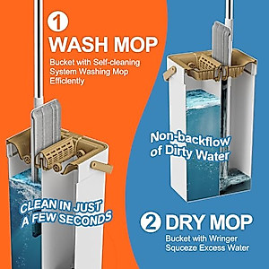 JEOPEM Flat Mop and Bucket with Wringer Set System, Mops for Hardwood Floor Cleaning with 4pcs Washable Microfiber Pads, Wet and Dry Use, Wood Floor Cleaner, Large Mop Head Length 38CM