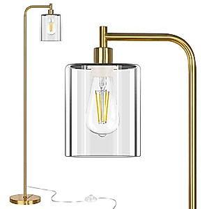QiMH Industrial Floor Lamp for Living Room, Modern Standing Lamp with HD Glass Lampshade and Pedal Switch, 67” Tall Pole Light for Bedroom Study Room, Brushed Gold (2700K LED Bulb Included)