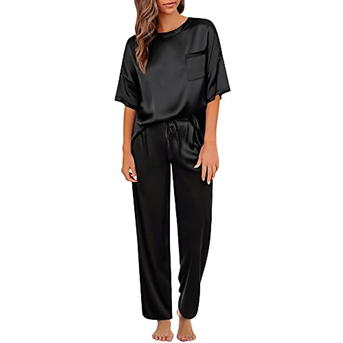 SWOMOG Pj set for Women Silk Pajamas Sleepwear Long Pant Pajama Set Soft Pajamas Satin Pjs Loungewear Two Piece Short Sleeve Pj Set Black M