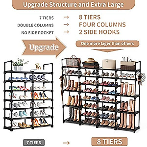 ROJASOP Large Shoe Rack Storage Organizer for Closet Entryway, 62-66 Pairs Sturdy Tall Shoe Rack for Closet with Side Hooks Garage Shoe Rack Stackable Boot Shoe Rack for Bedroom
