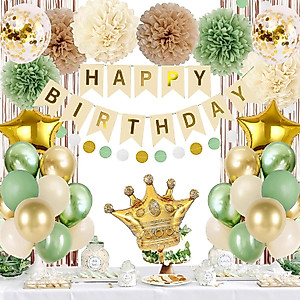 Sage Green Gold Birthday Party Decorations with Happy Birthday Banner,Fringe Curtain ,Paper PomPom,Crown Foil Balloon,Circle Dots Garland,Tassel Garland,Sand White Birthday Balloons for Women Girls