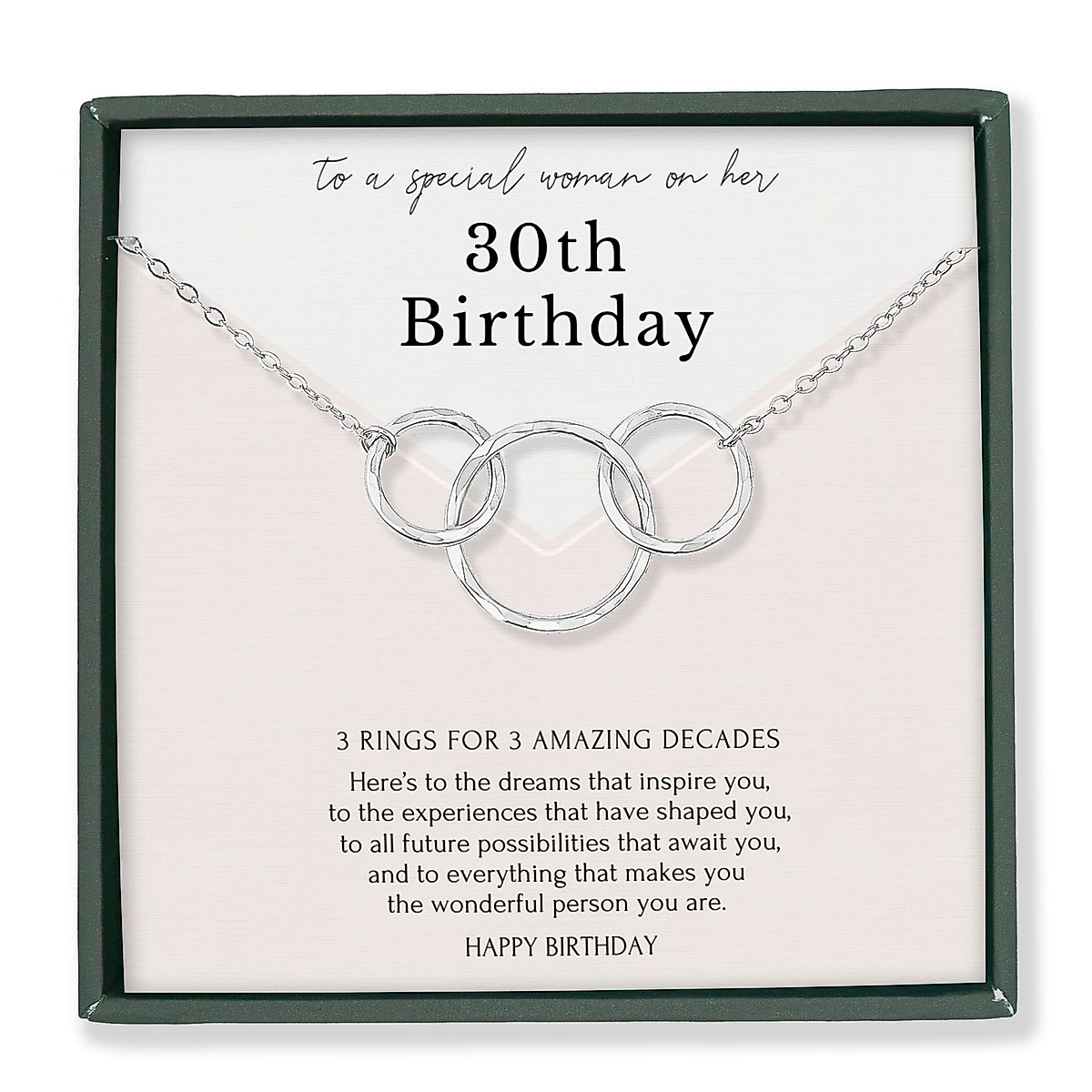 30th Birthday Gift for Women 3 Rings 3 Decade Necklace Meaningful Jewelry for Mom Wife Daughter Sister Best Friend Unique Happy Birthday Card Box Ideas Turning 30-Year-Old Sterling Silver / Gold