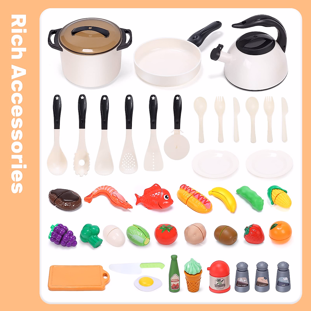 CUTE STONE Play Kitchen Accessories Toy, Play Food Sets for Kids Kitchen, Toddler Kitchen Set for Kids with Play Pots, Pans, Kids Kitchen Playset, Play Kitchen Toys for Girls Boys