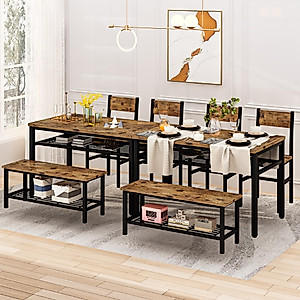 Lamerge Kitchen Tables Set for 4, Rectangular Dining Room Table Set with Bench and Chairs, 4 Pieces Dining Room Table Set with Storage Rack for Small Space, Breakfast Nook and Apartment, Rustic Brown