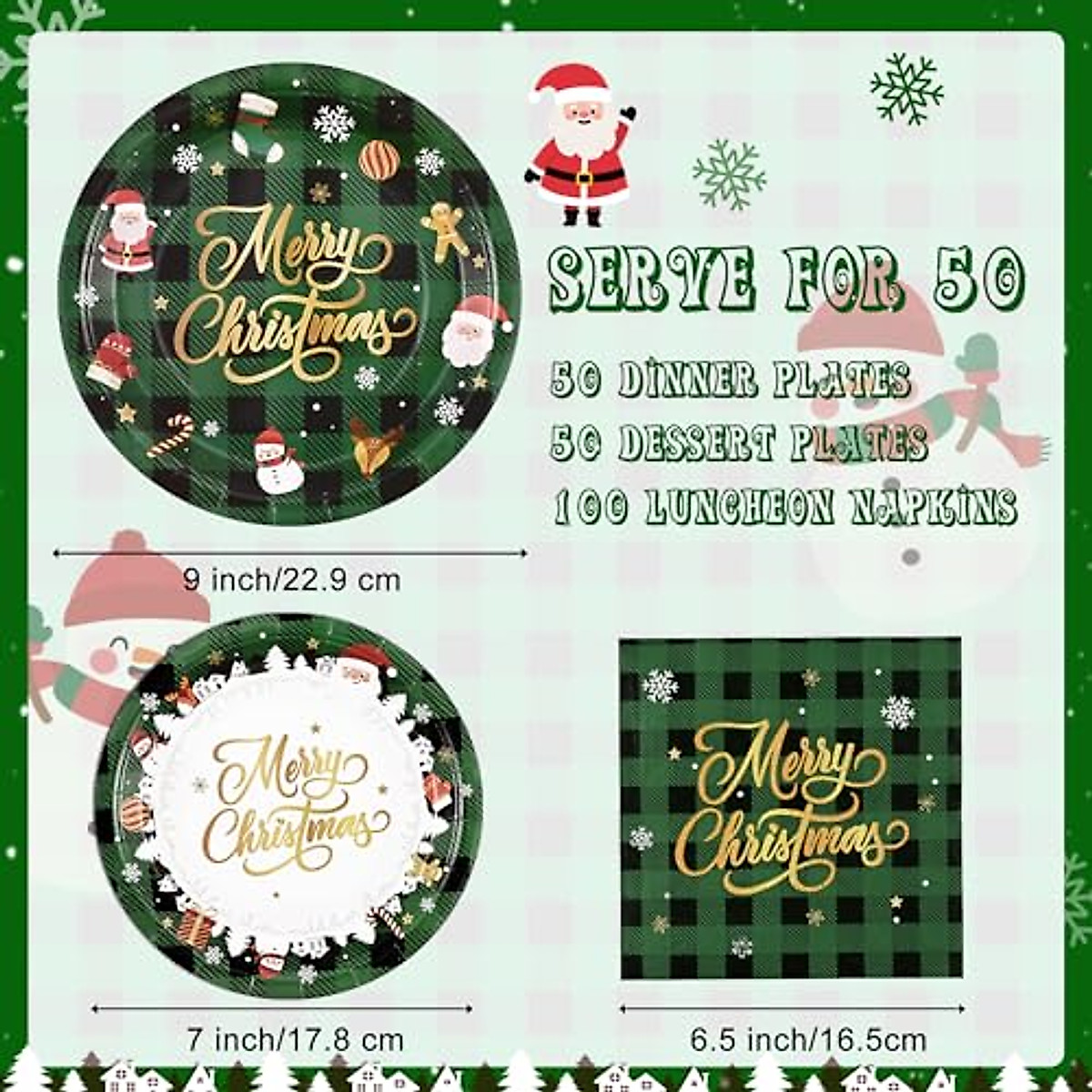 Homlouue 200 PCS Christmas Paper Plates and Napkins, Merry Christmas Disposable Dinnerware Set, Green and Black Plaid Paper Plates Christmas Party Supplies, Cute Cartoon Santa Snowman Plates Serves 50
