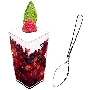 DLux 100 x 3 oz Mini Dessert Cups with Spoons, Square Tall - Clear Plastic Parfait Appetizer Cup - Small Reusable Serving Bowl for Party Desserts Appetizers - With Recipe Ebook