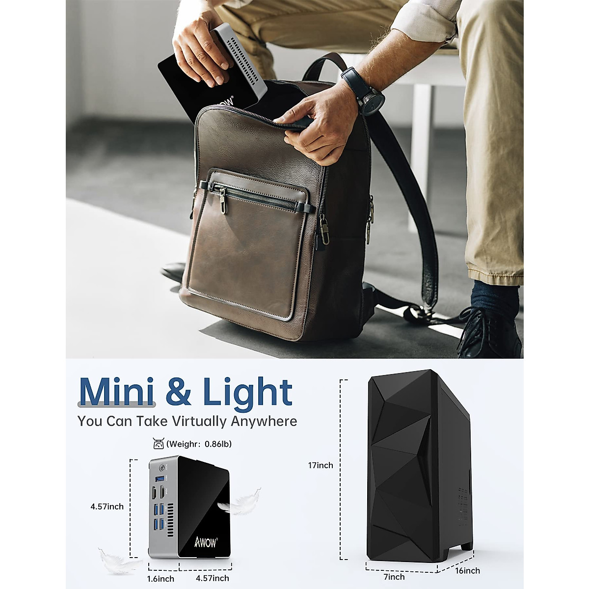 AWOW Mini PC Desktop Computer Intel Celeron J3455 6GB DDR4 128GB SSD/Burst Frequency 2.2 GHz/Dual LAN/ 2.4G+5G Dual Band WiFi/4K /Bluetooth/HDMI/5 USB3.0 Ports Micro PC