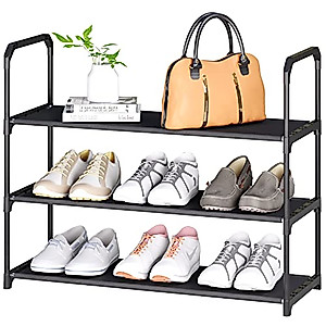 SHELAKET 3-Tiers Stackable Shoe Rack, Expandable & Adjustable Waterproof Fabric Shoe Shelf Storage Organizer For Closet Bedroom Entryway (Black)
