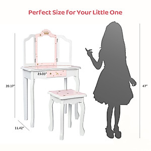 JOYMOR Kids Princess Vanity Table and Chair Set, Kids Vanity Set with Mirror, Makeup Dressing Table with Two 180° Folding Mirror for Girls Age 4-9