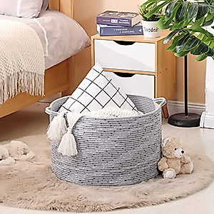 KAKAMAY Large Cotton Rope Blanket Basket (20"x13"),Woven Baby Laundry Hamper，Blanket Basket for Nursery, Laundry, Living Room, Pillows, Toys with Handles （White/Beige/Grey）