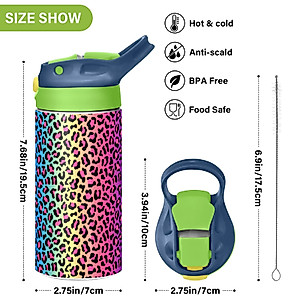 ALAZA Neon Rainbow Leopard Cheetah Kids Water Bottles with Lids Straw Insulated Stainless Steel Water Bottles Double Walled Leakproof Tumbler Travel Cup for Girls Boys Toddlers 12 oz / 350 ml,Green