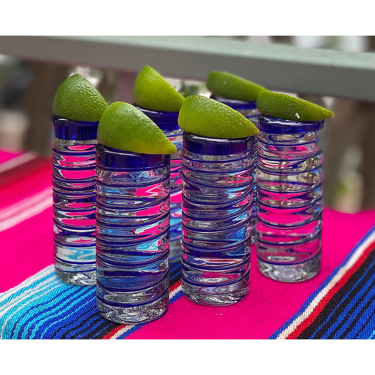 Dos Sueños Hand Blown Mexican Tequila Shot Glasses – Set of 6 Blue Spiral Tequila Shot Glasses (2 oz each) …