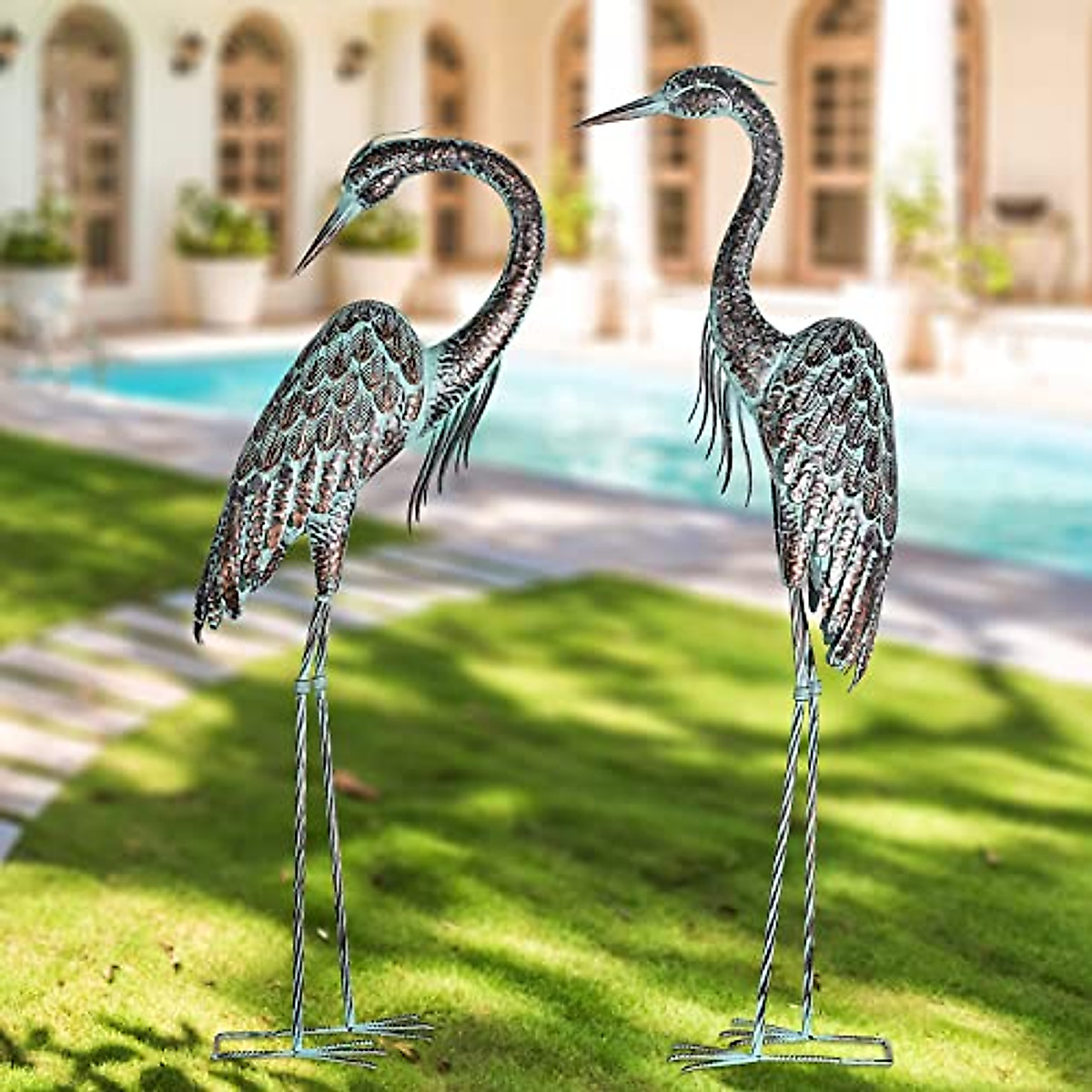 Kircust Garden Crane Statues, Standing Metal Patina Heron Decoy Outdoor Statue, 42-46 Inch Bird Yard Art for Patio Lawn Pond, Set of 2
