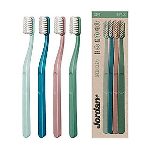 Jordan* ® | Green Clean Manual Toothbrush | Award Winning Sustainable Toothbrush Made from Recycled Materials | Eco-Friendly | Scandinavian Design | Soft Bristle Toothbrush | Mixed Colour | 4 Units