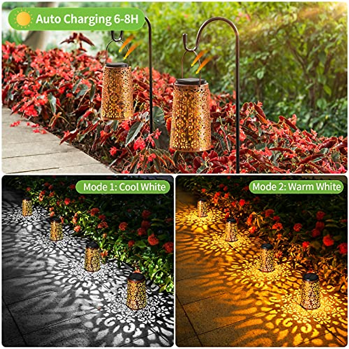 Solar Lanterns Outdoor Waterproof - 4 Pack Hanging Solar Lights Outdoor, Metal Lantern Decorative Solar Powered Patio Decor for Garden Yard Backyard Porch Table Tree Lighting, Cool/Warm Light