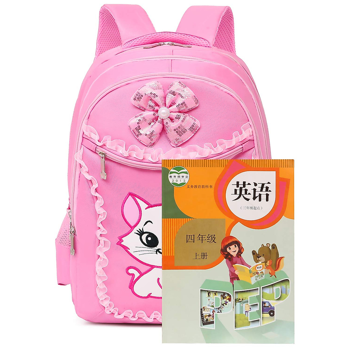 Debbieicy Cute Cat Printing Lace Backpack Lightweight Princess School Bag Kids Bookbag Handbag Pen Bag Set for Primary Girls (Large, Pink1(Backpack Handbag Pen Bag))
