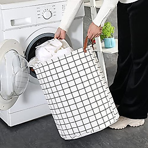 [2 Pack] Collapsible Laundry Basket, Large Round Waterproof Laundry Hamper, Foldable Storage Organizer with Leather Handles for Dirty Clothes (White Plaid)