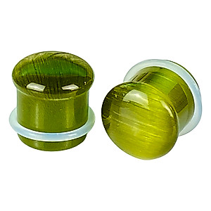 Pair of Peridot Cat Eye Stone Single Flare Plugs (STN-721) (4g (5mm))