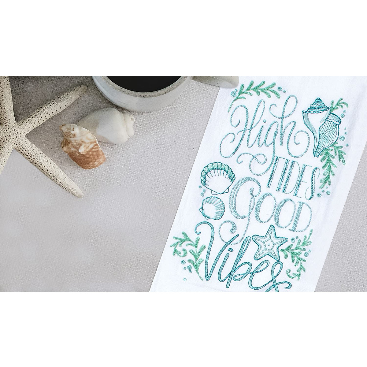 2 Coastal Dish Towels - Beach Kitchen Towels with Sayings | Ocean, Tropical, Seashell Theme Flour Sack Towel Set | Sea Life Towels for Dishes, Hand, Lake House, Beach House Decor with Recipe Card