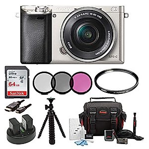 Sony Alpha a6000 Mirrorless Camera w/ 16-50mm Lens & 64GB Card Bundle (Silver)