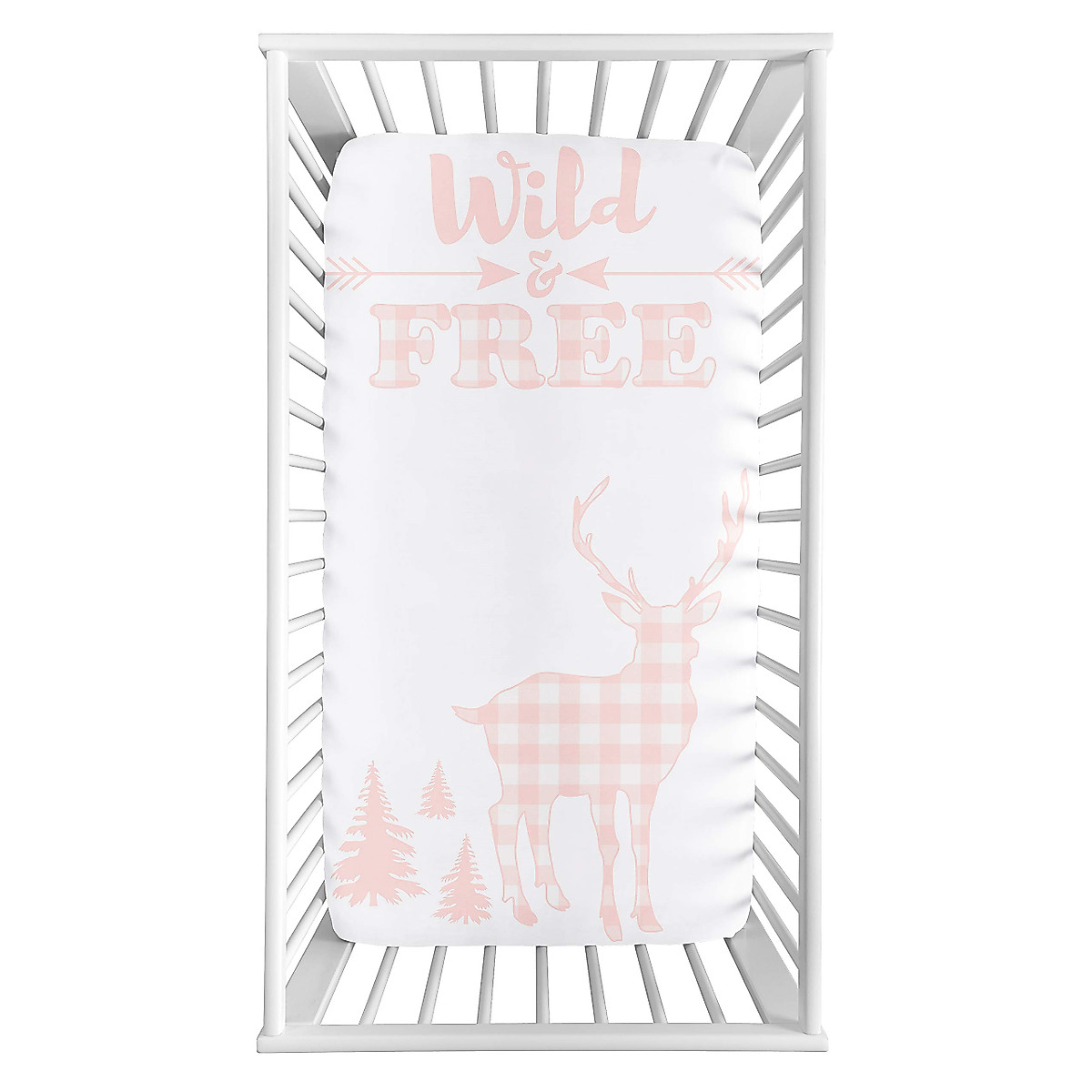 Sweet Jojo Designs Pink Woodland Deer Girl Fitted Crib Sheet Baby or Toddler Bed Nursery Photo Op - Blush and White Buffalo Plaid Check Shabby Chic Rustic Country Farmhouse