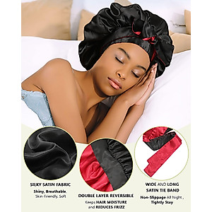 Satin Bonnet Silk Hair Bonnets for Women Curly Hair Wrap for Sleeping Cap Reversible Bonnet with Tie Band Night Cap Double Layer Sleep Cap for Curly Hair (Double-Layer Satin Bonnet (Black + Red)