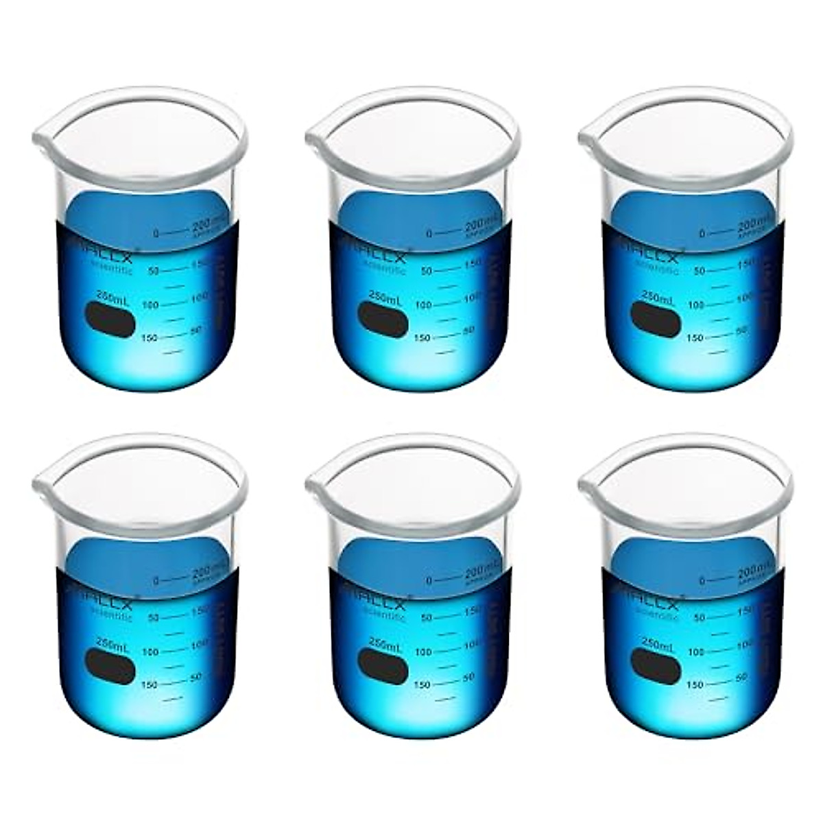 Maccx 8.5oz(250ml) Sturdy Glass Beaker, Heavy-Duty Lab Beaker Set, 3.3 Borosilicate Griffin Low Form with Printed Graduation, Pack of 6, BKL250-006